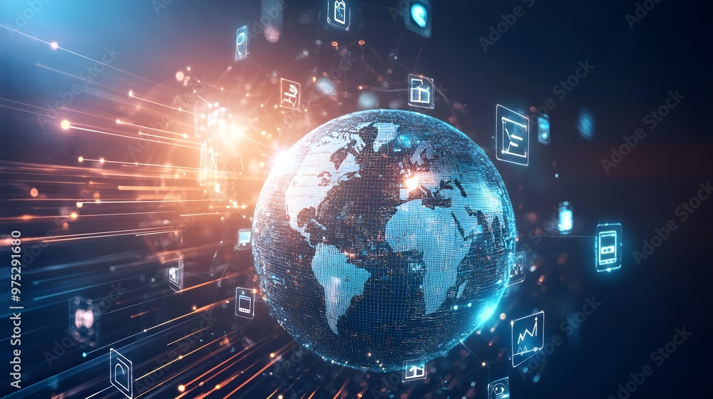 A 3D globe at the center with search engine icons orbiting around it in ...