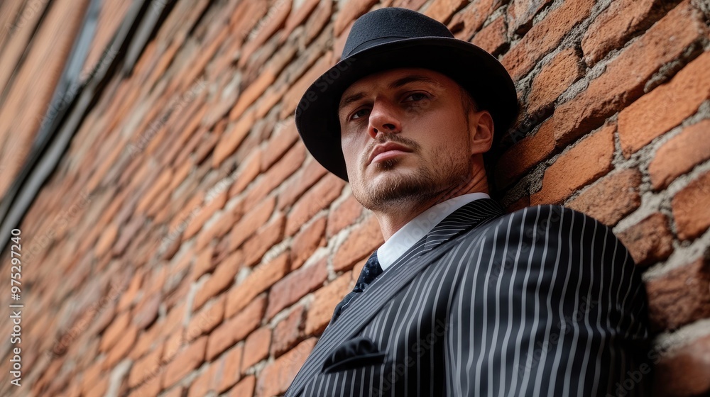 man dressed 1930s gangster fashion, with a pinstripe suit and a bowler ...