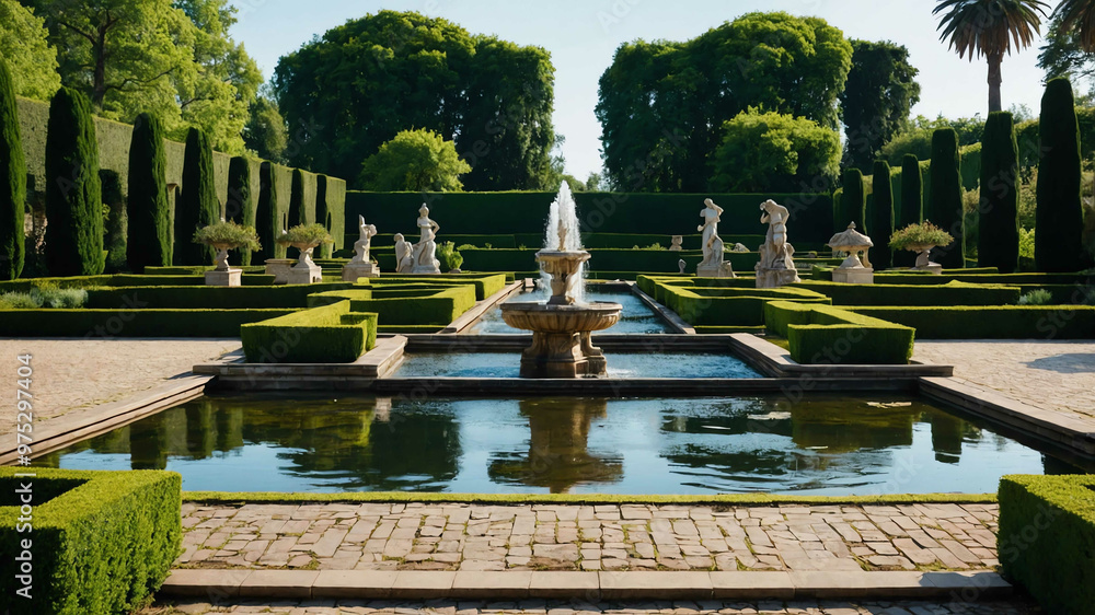 Elegant palace garden with fountains statues and well trimmed hedges ...