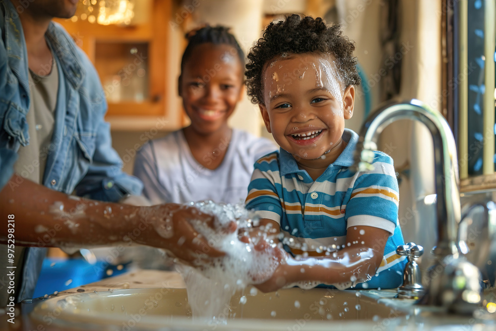 Parents demonstrating proper handwashing technique, child scrubbing ...