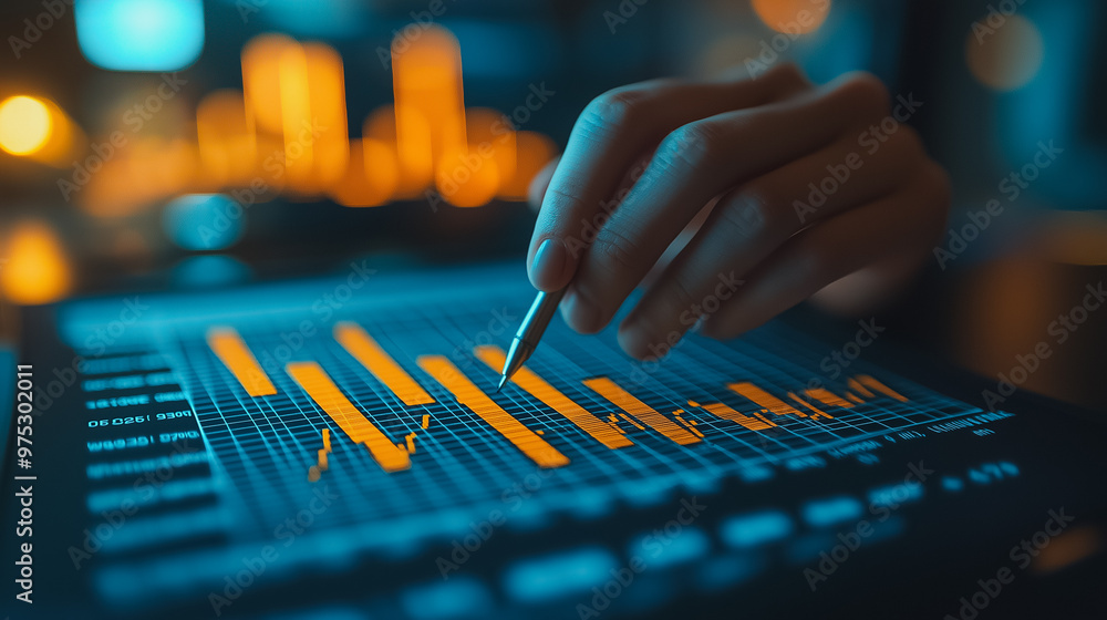 A person is pointing at a graph on a computer screen. The graph shows a ...