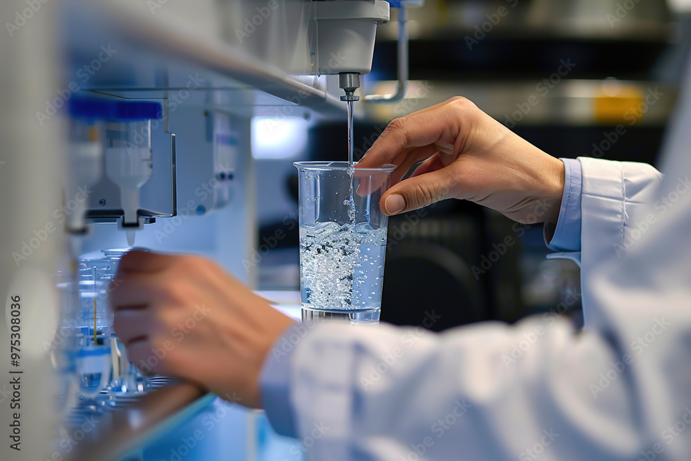 Scientist pouring water through filtration device, monitoring ...