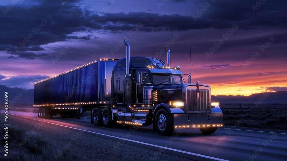 Industrial long hauler classic big rig dark blue semi truck tractor ...