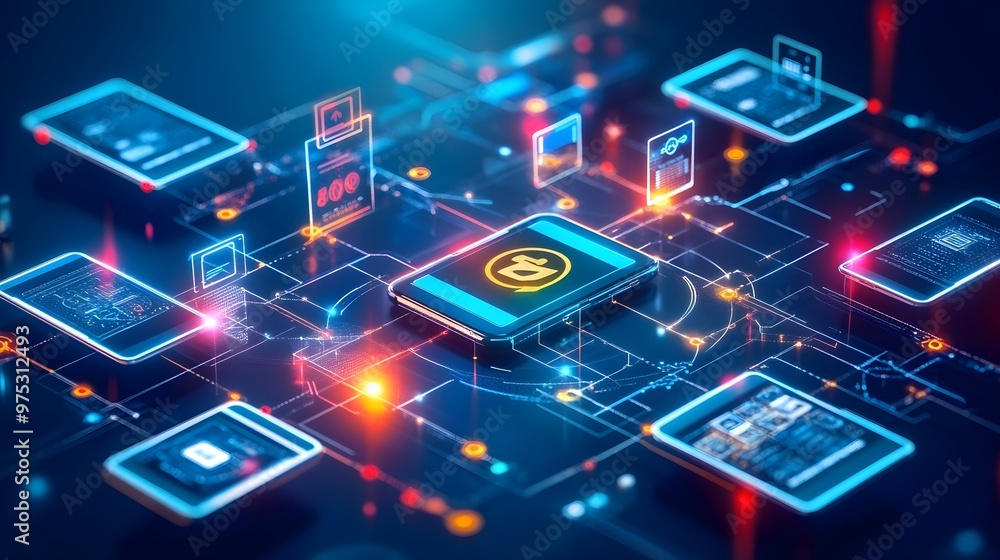 A digital wallet icon prominently displayed at the center of a network ...