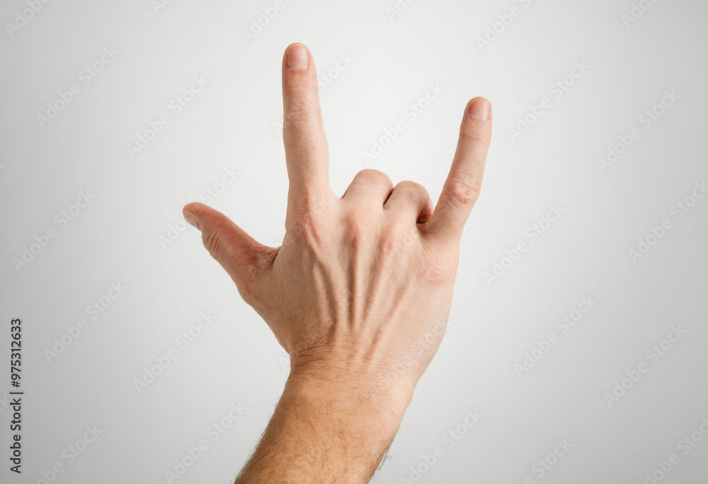 Male hand making rock and roll symbol with index finger and middle ...