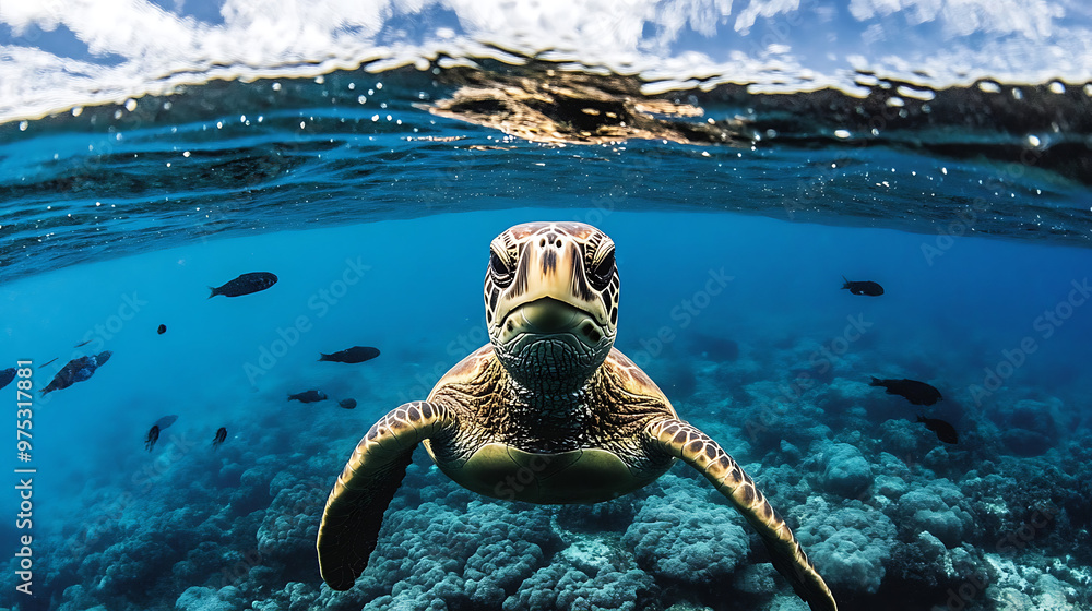 Sea Turtle Encounter: A captivating split-level underwater photograph ...