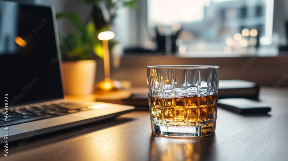 Drinking alcohol at work or office. Vodka is poured in a glass ...