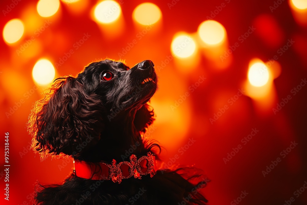 Poodle in a glamorous vampire outfit with fangs, vampire dog, elegant ...