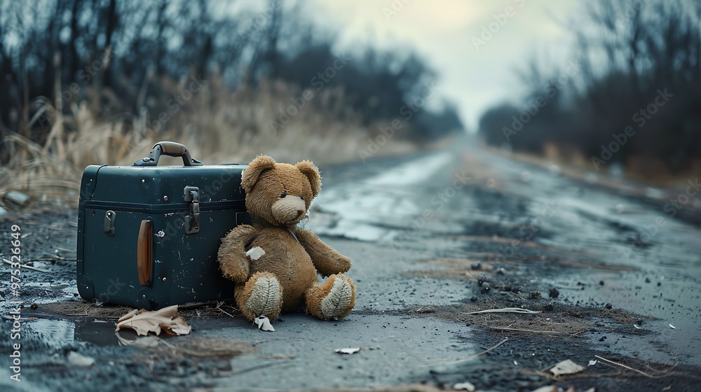 ragged teddy bear by a suitcase at the side of a dirty road Stock Photo ...