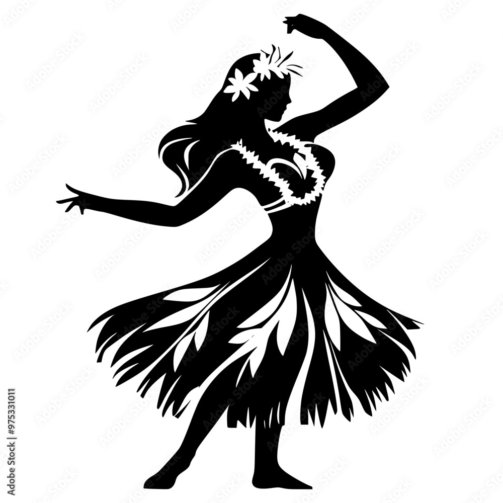 Silhouette of a Hula dancer in traditional attire, A black and white ...