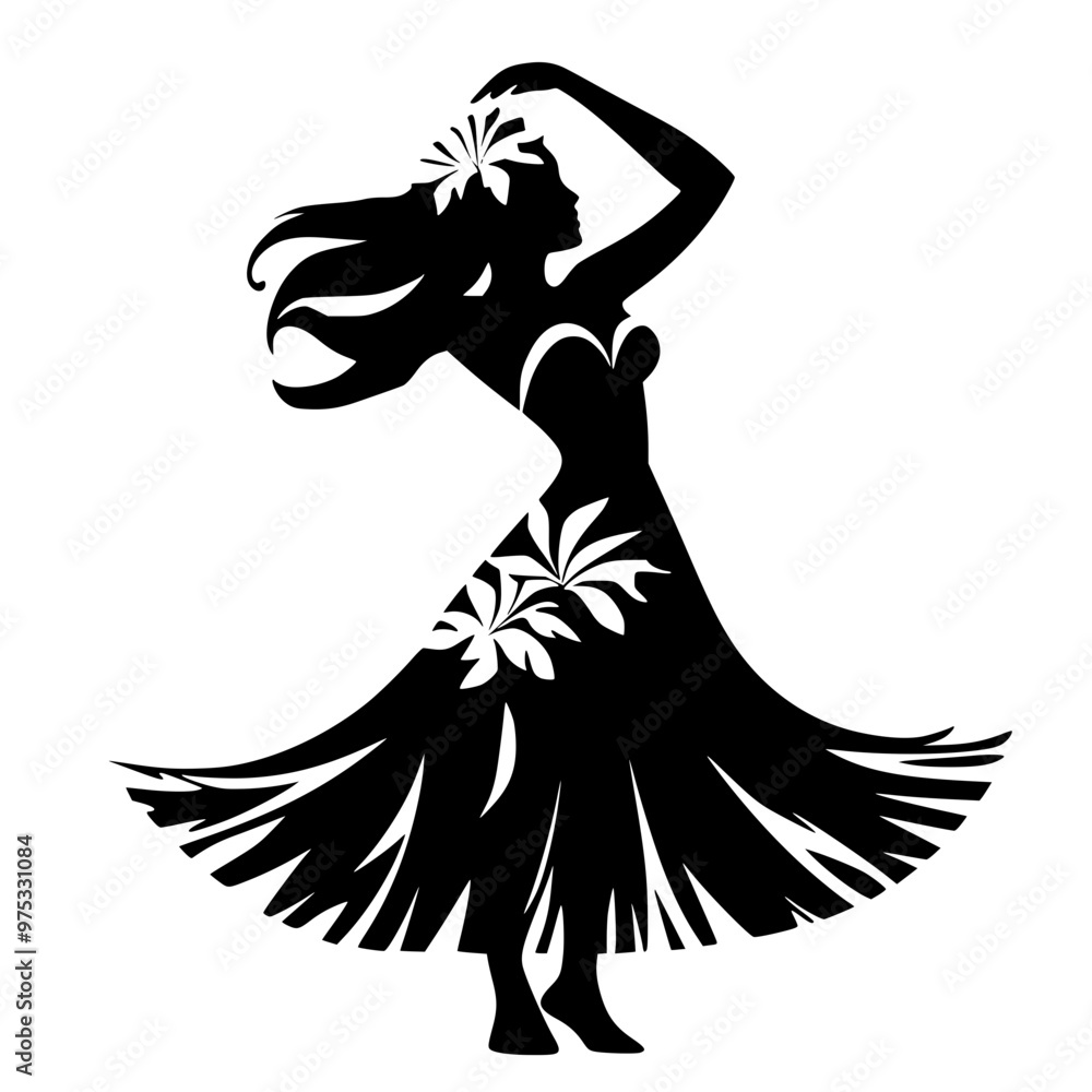 Silhouette of a Hula dancer in traditional attire, A black and white ...