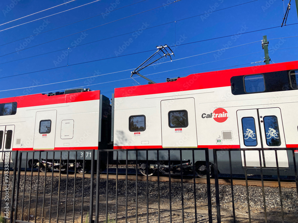Side view. Double deck electric Caltrain commuter train Stadler KISS ...