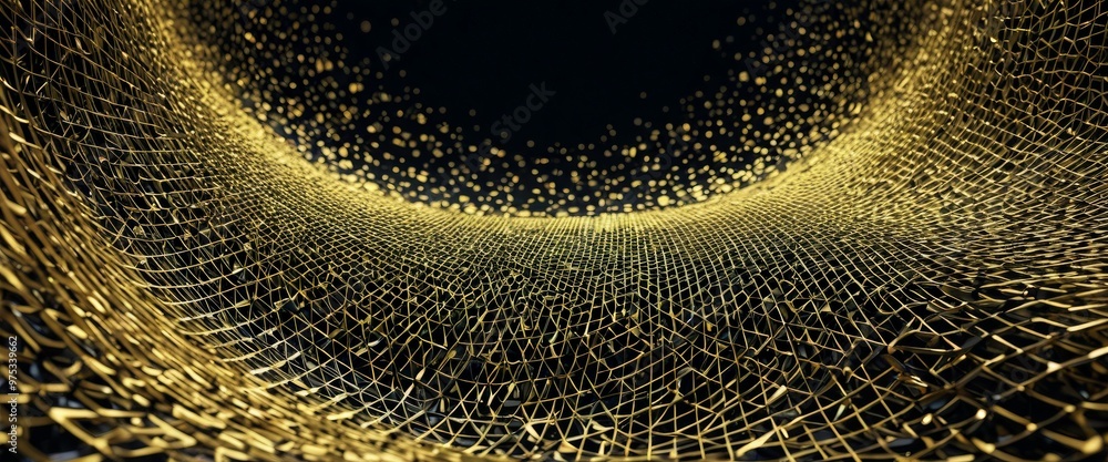 A mesmerizing abstract golden mesh structure with sparkling particles ...