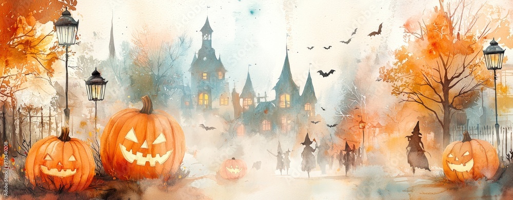 watercolor painting of Halloween parade with giant pumpkins on ...