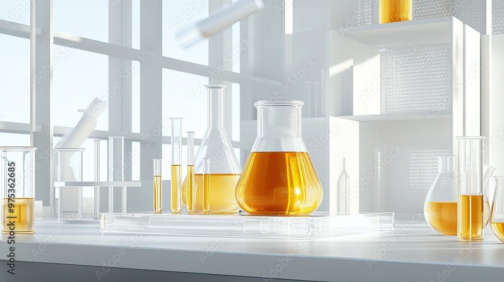 A clean white laboratory setup with honey and turmeric displayed on a ...