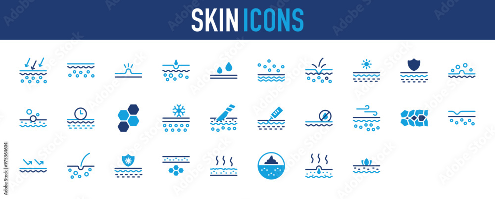 Skin icons set. Down Arrows, Skin Layers, Pimple, Hydrating, Wound, No ...