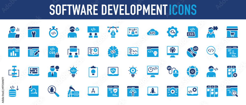 Software Development icons set. Integration, Worker, Binary Code, CSS ...