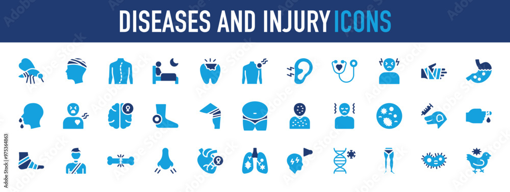 Diseases and Injury icons set. Injury, Dengue, Scoliosis, Insomnia ...