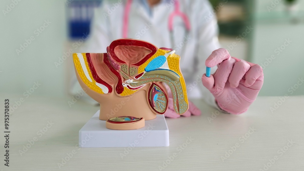 Urologist holds model of male reproductive system and pill Stock Photo ...