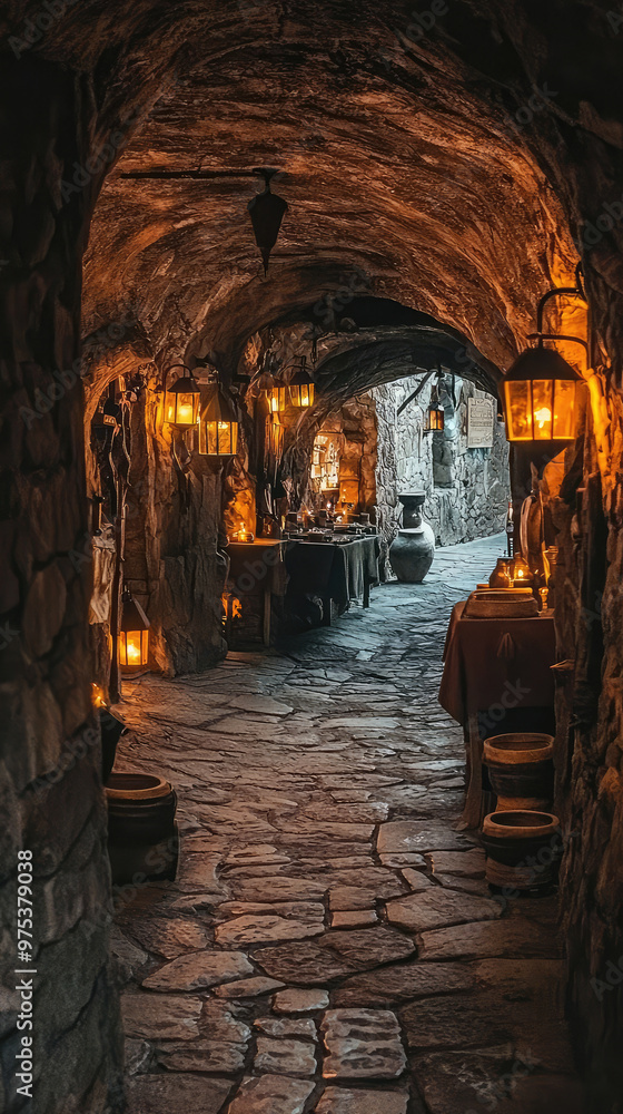 Ancient underground marketplace with stone stalls, dimly lit by ...