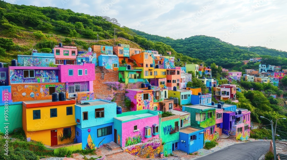 Beautiful hillside village with vibrant murals painted on every ...