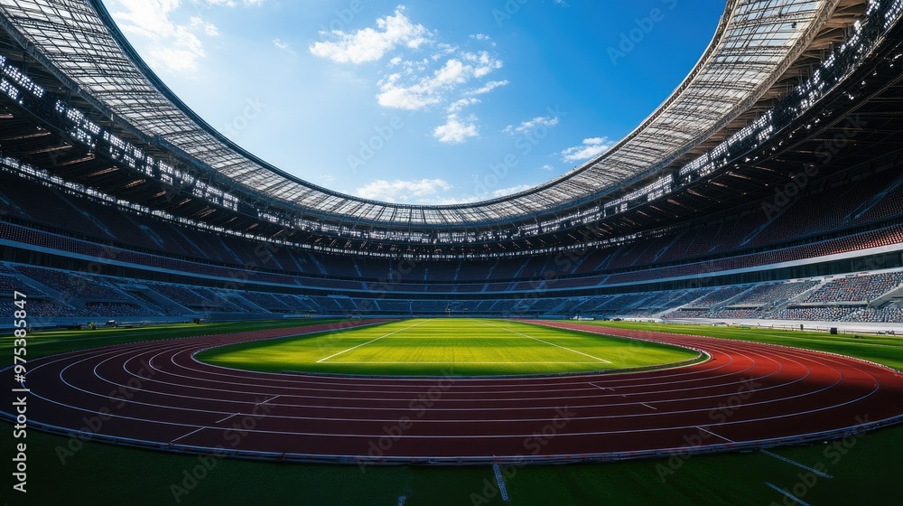 Circular running track wrapping around a football field in a large ...