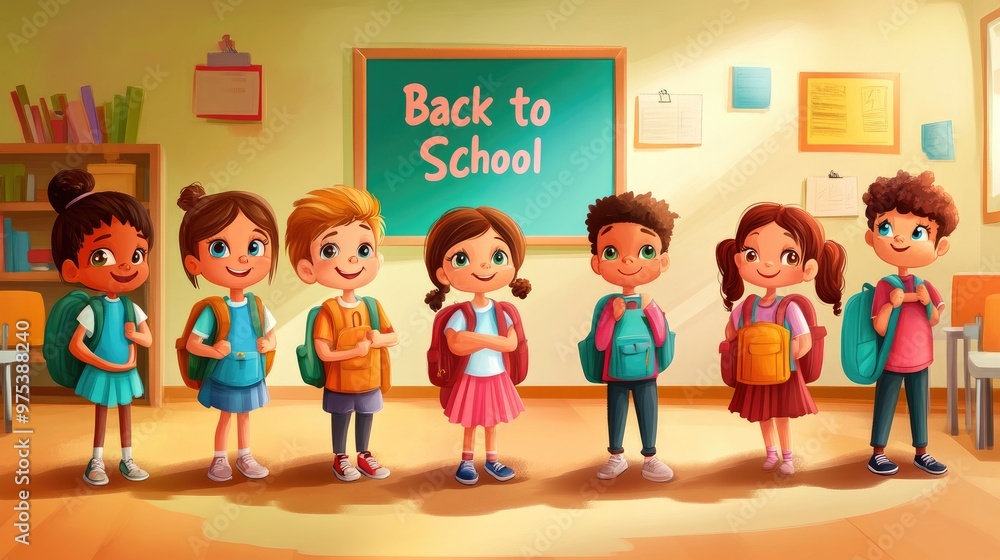 Cartoon kids standing happily in a classroom with backpacks, ready for ...