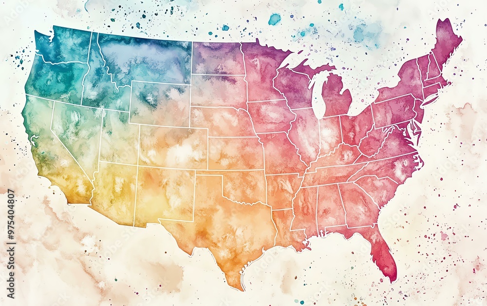 Colorful watercolor map of the United States, blending states with ...