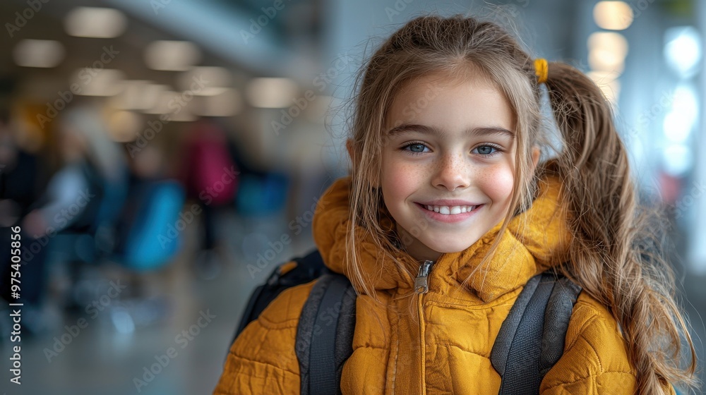 Young girl smiling joyfully while waiting in an airport terminal ...