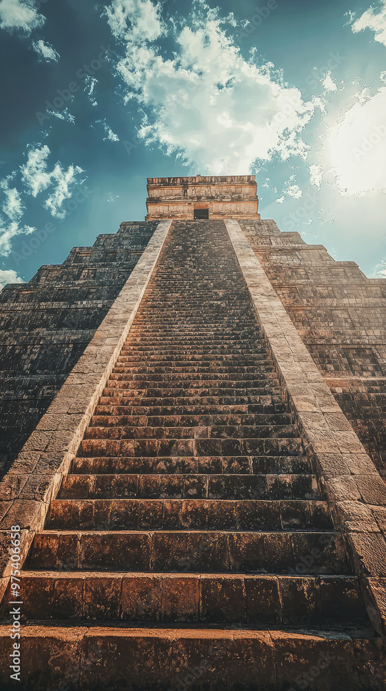 A towering ziggurat style temple with steep steps leads to sky ...