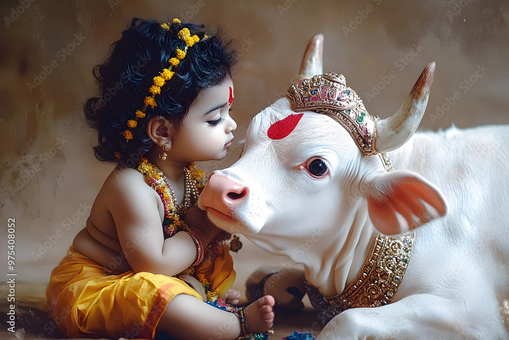 This cute little Krishna is with the revered cow, a devotional event ...