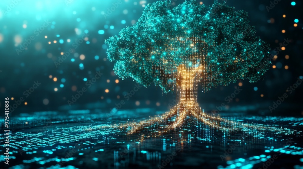 Business growth visualized as a glowing digital tree, with binary code ...