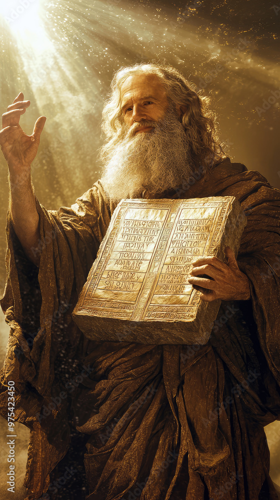 Moses holding Ten Commandments radiates wisdom and authority ...
