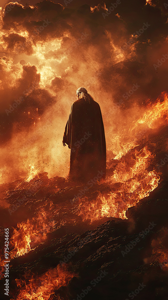 Moses standing amidst smoke and fire of Mount Sinai, surrounded by ...