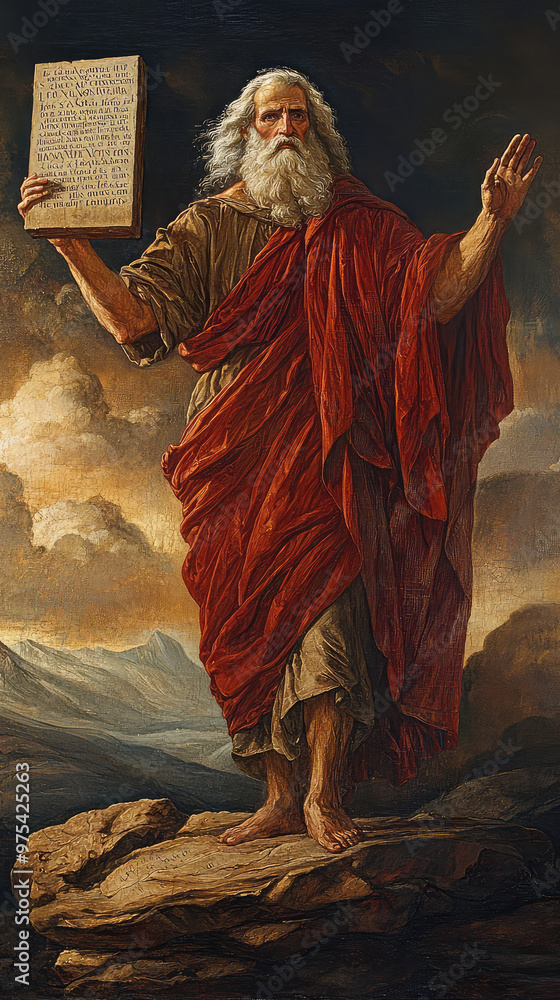 Moses standing on Mount Sinai, holding Ten Commandments, exudes ...