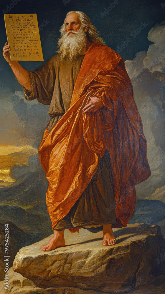 Moses standing on Mount Sinai, holding Ten Commandments, exudes ...