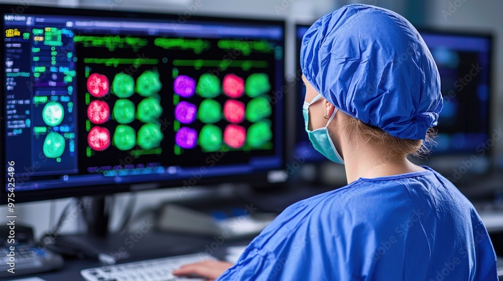 Healthcare professional analyzing brain scans on multiple screens in a ...