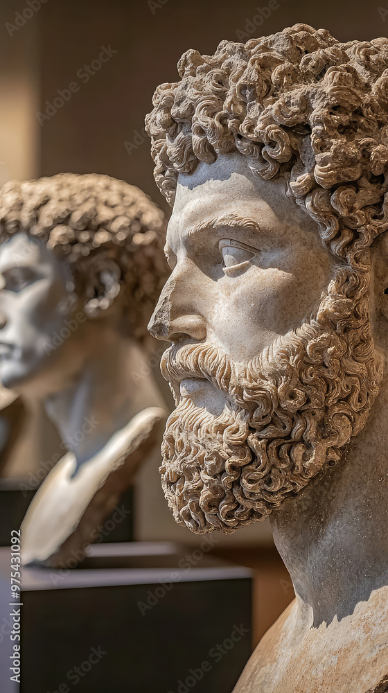 Ancient stone busts of famous Stoics like Seneca and Marcus Aurelius ...