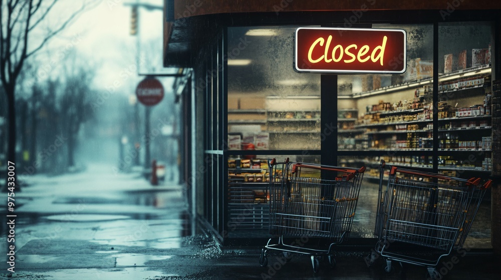 Abandoned retail store with boarded-up storefront displaying 'Closed ...