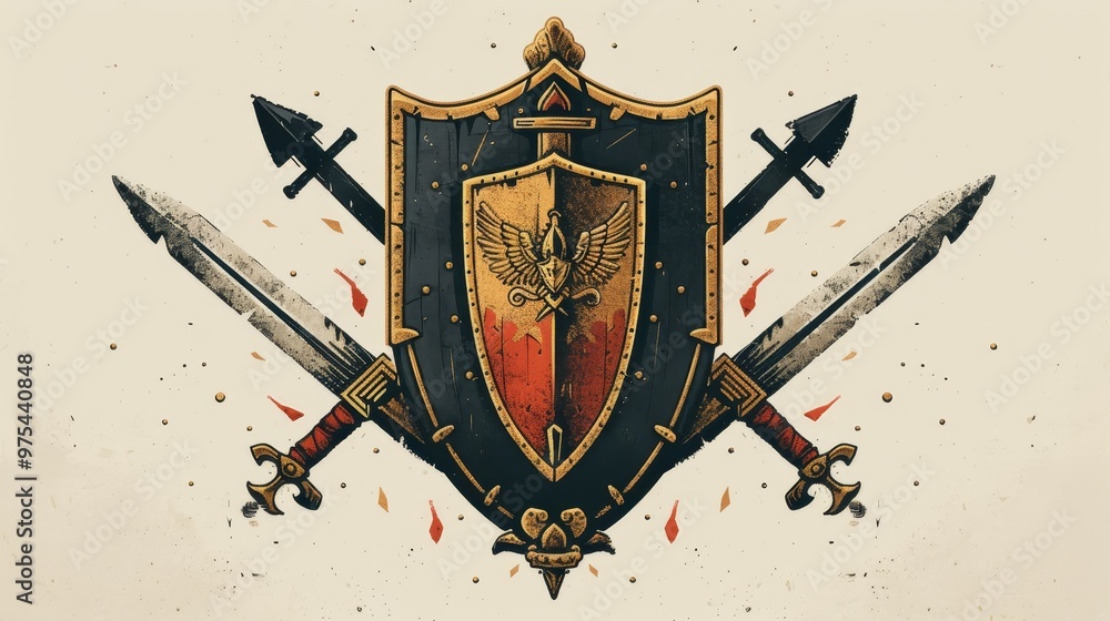 A medieval shield with crossed swords, a symbol of protection and ...