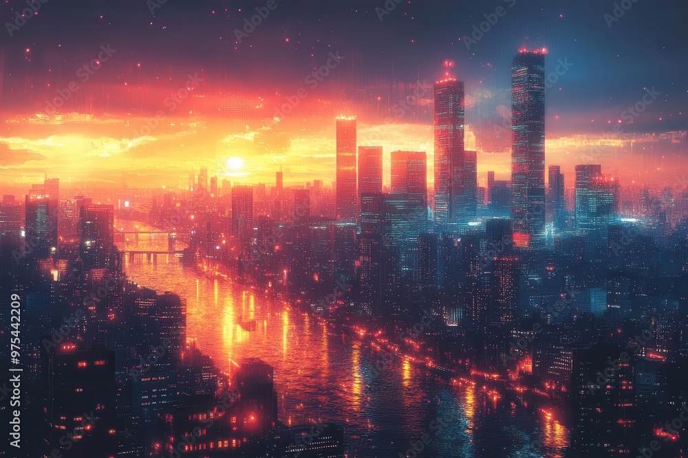 distorted digital cityscape cyberpunk glitch art with neon hues ...