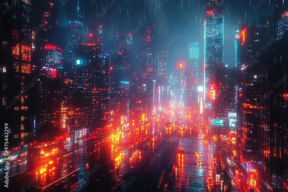 distorted digital cityscape cyberpunk glitch art with neon hues ...