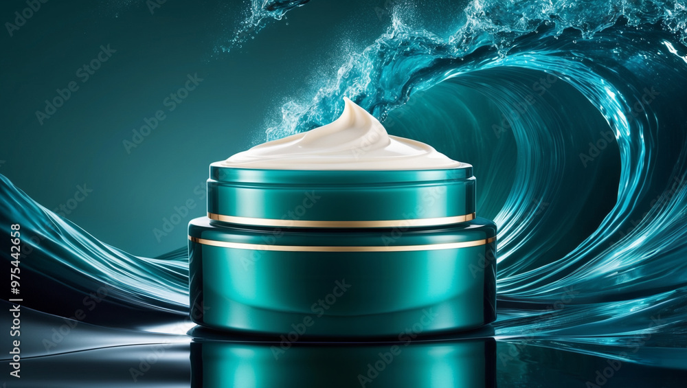 an advertisement image featuring a luxurious teal jar of night cream ...