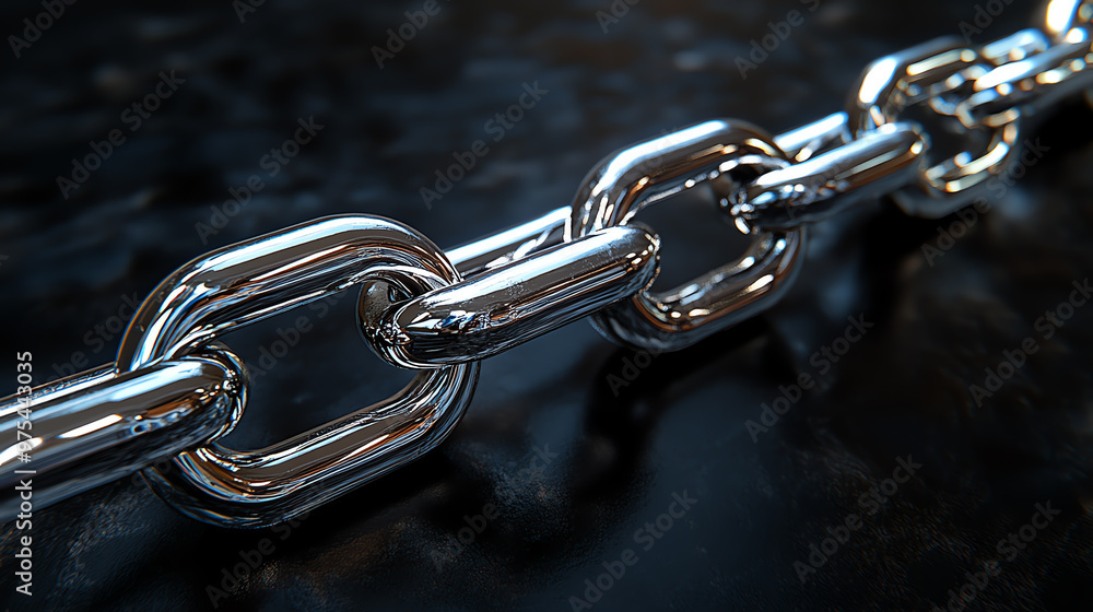 Produce a detailed, photorealistic frontal view of a shiny silver chain ...