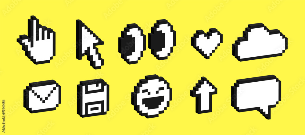 Set of 3d pixel art icons of emoji, arrow, cloud, eye, heart, email ...