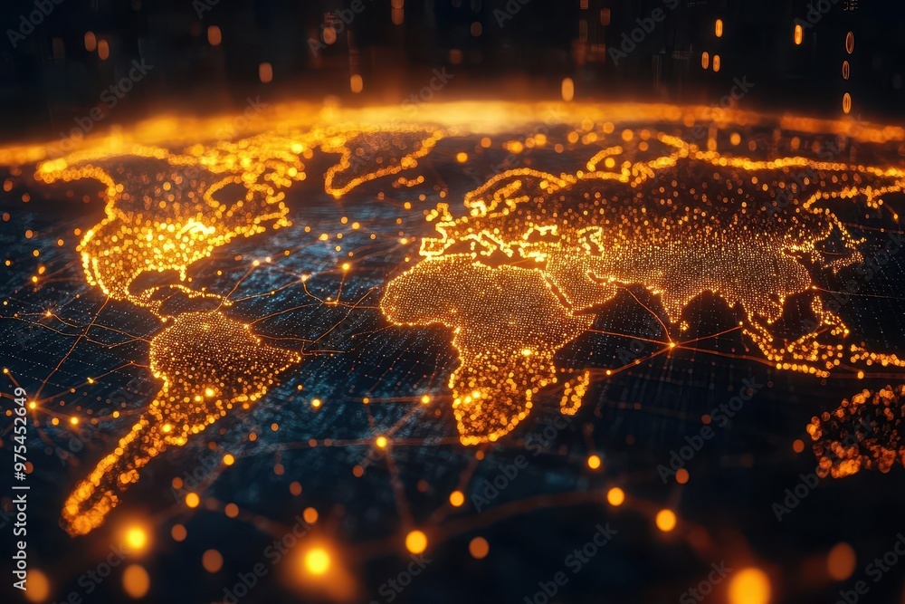 Interconnected Glowing Nodes Forming Global Network Trailing Light Paths Across World Map