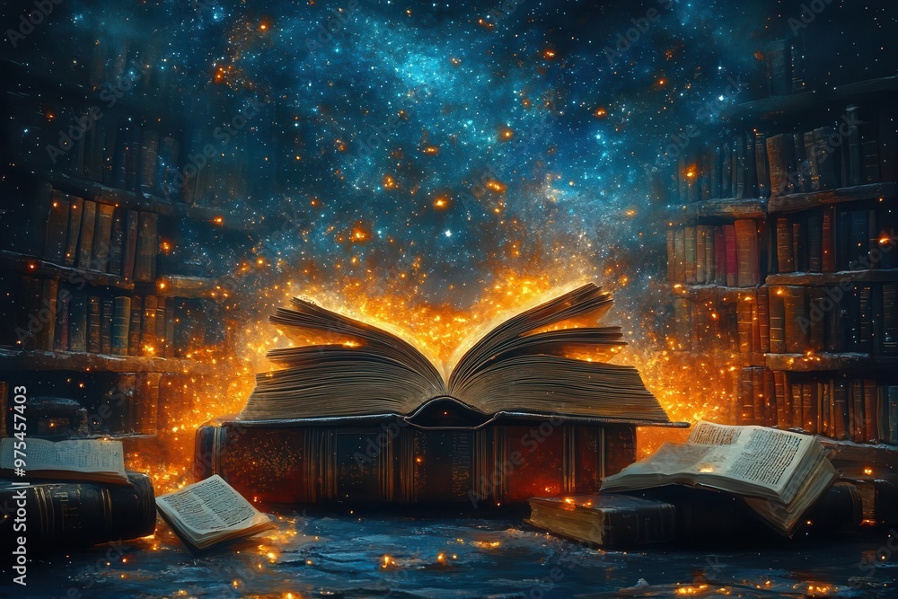 mystical floating library with glowing books against a starry night sky ...