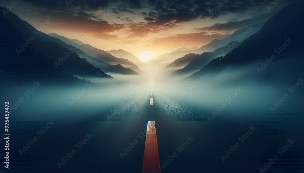 Asphalt road vanishing into foggy haze with highlighted center line ...