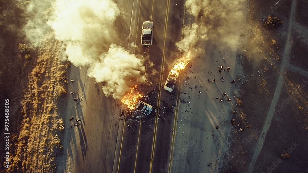 Skid marks leading up to a dramatic car crash site, both vehicles with ...