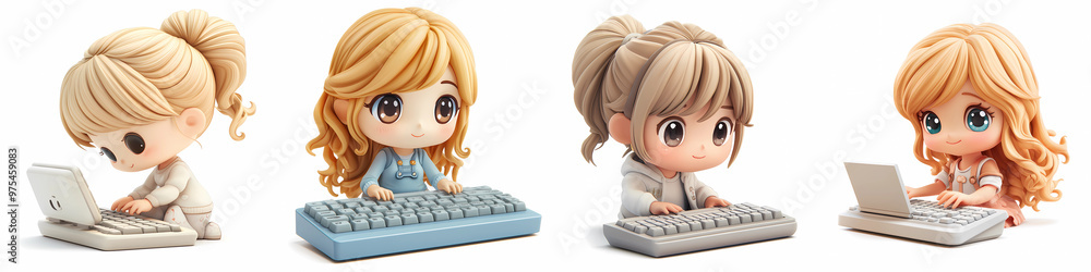 Cute animated characters typing on keyboards, showcasing focus and ...
